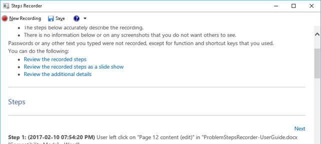 Recording your steps with Steps Recorder